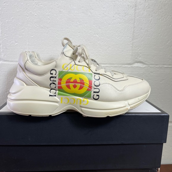 Gucci | Shoes | Gucci Rhyton Logo Beige Leather Gg Logo Sneaker Lace Up ...